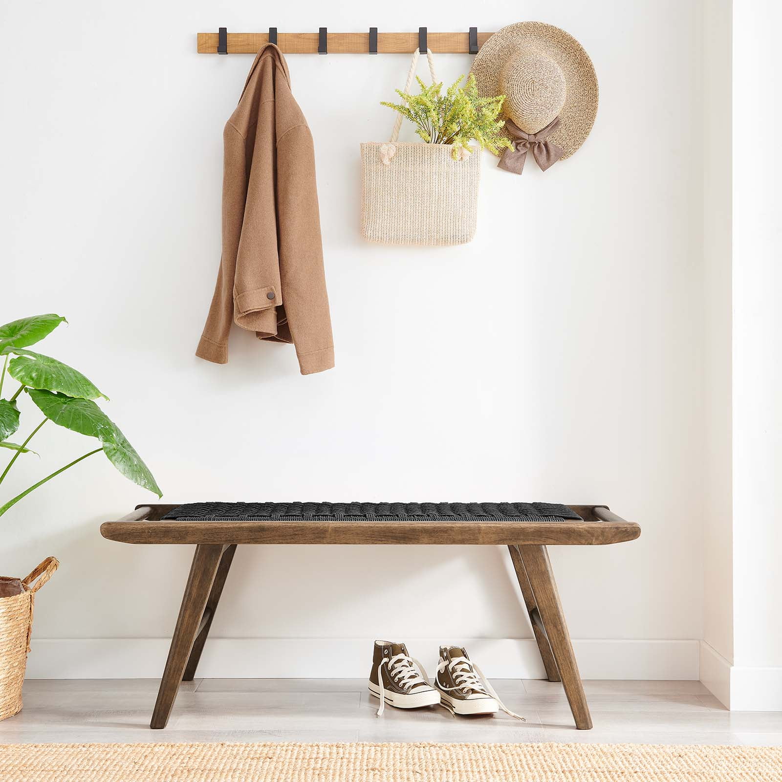Modway Saoirse 17.5" Woven Rope & Wood Bench in Walnut and Black ...