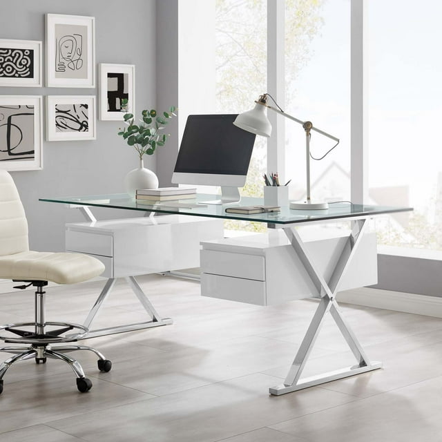 "Modway Modern White Tempered Metal 71"" Sector Office Desk with Glass ...
