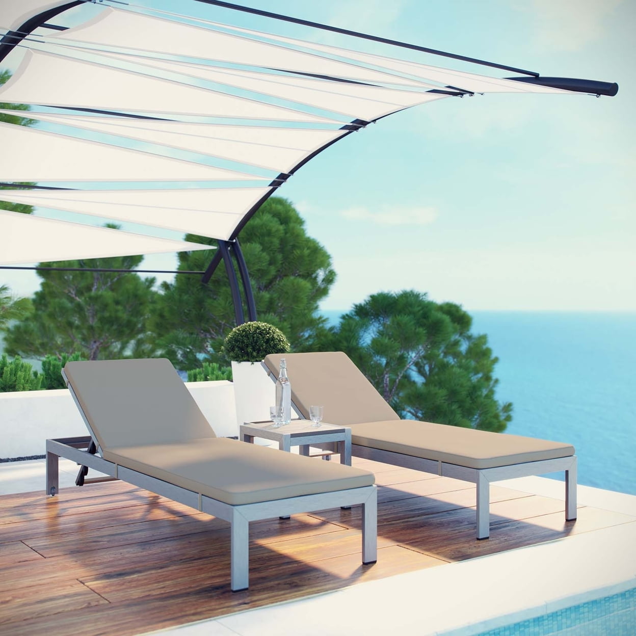 Modway Shore 3 Piece Outdoor Patio Aluminum Chaise with Cushions in ...