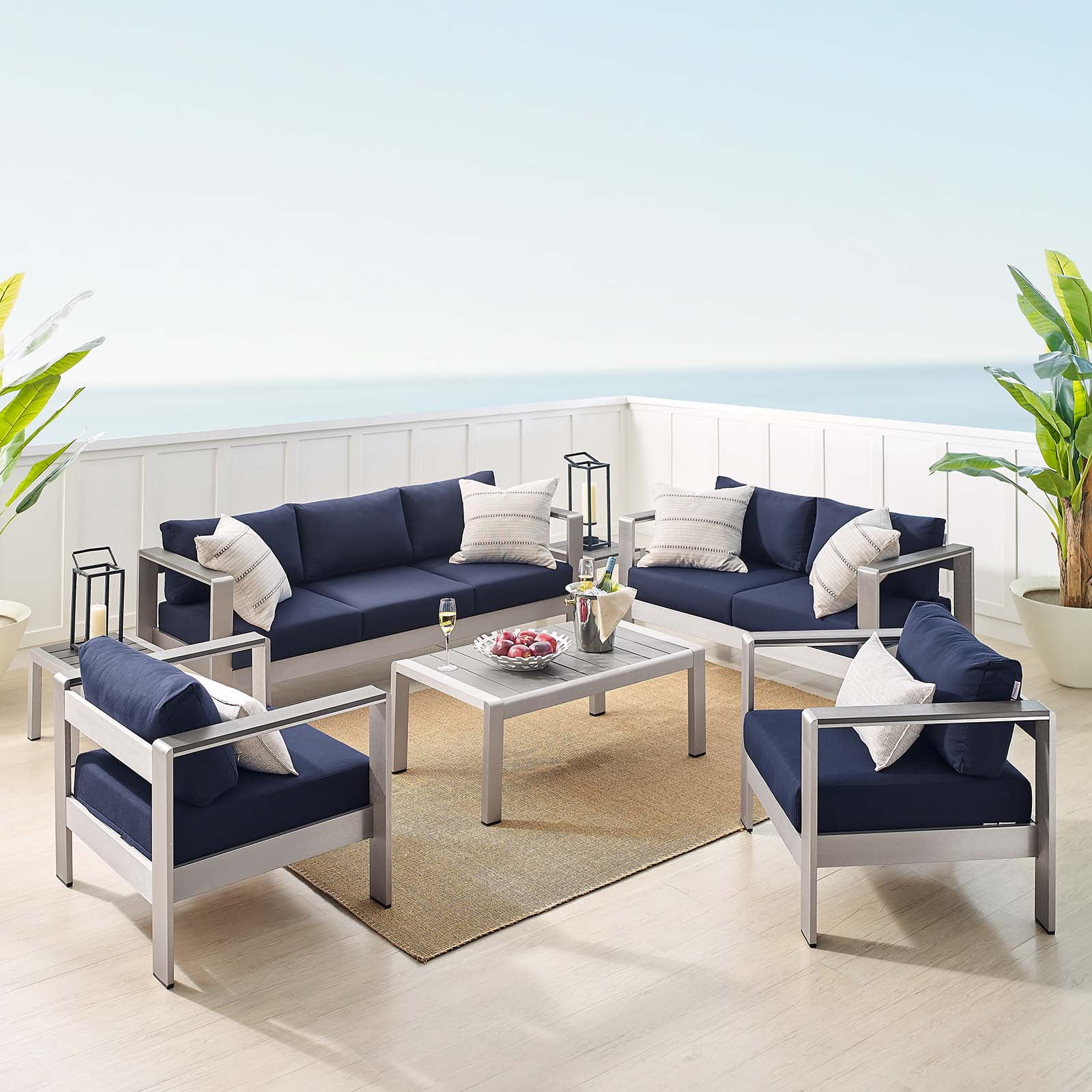 Modway Shore 7-Piece Fabric & Aluminum Outdoor Patio Set in Silver/Navy ...