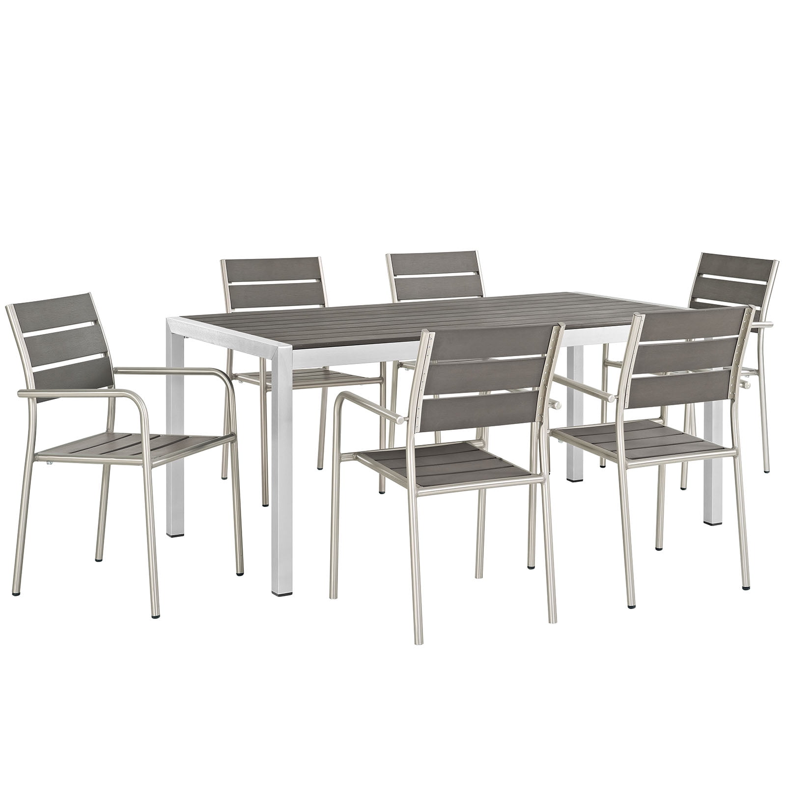 Modway Shore 7 Piece Outdoor Patio Aluminum Dining Set in Silver Black ...