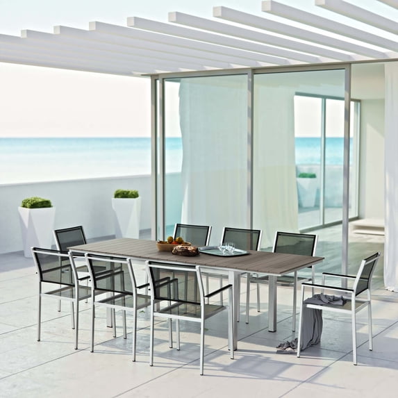 Modway Shore 9-Piece Silver Black Outdoor Patio Dining Set with ...