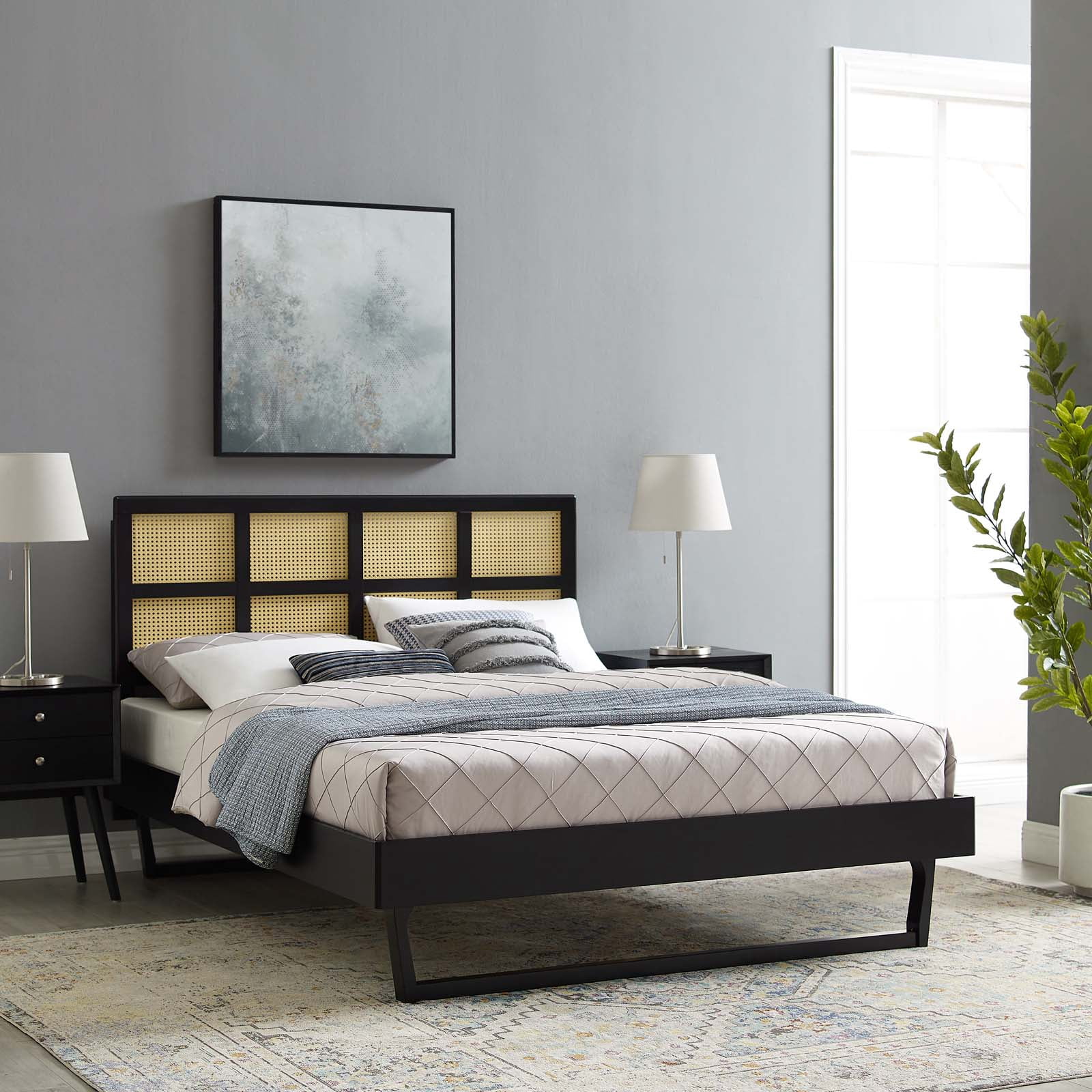 Modway Sidney Cane Rattan and Wood Queen Platform Bed with Angular Legs ...