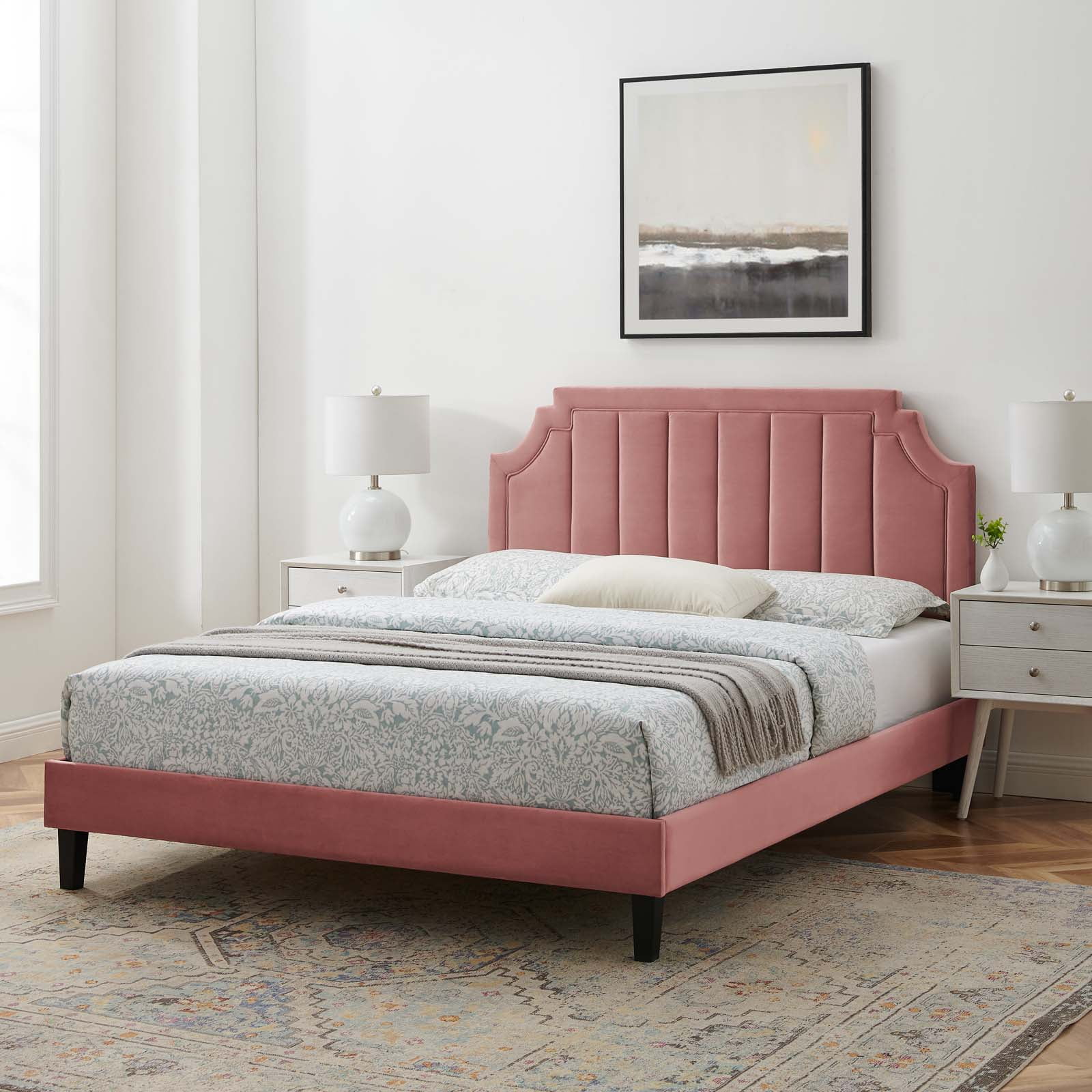 Modway Sienna Performance Velvet Queen Platform Bed in Dusty Rose ...