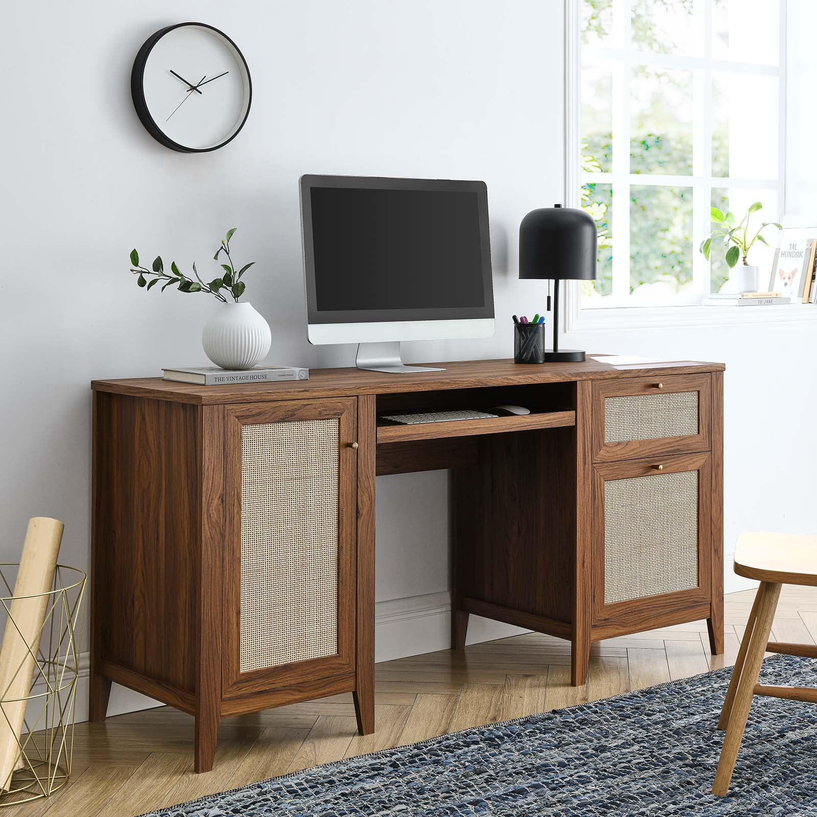 "Modway Modern Soma 63"" Office Desk with Drawers in Walnut Furniture ...