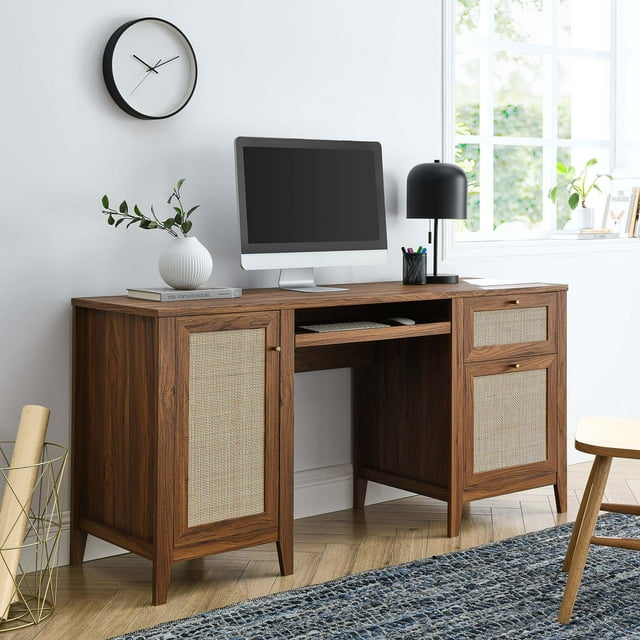 "Modway Modern Soma 63"" Office Desk with Drawers in Walnut Furniture ...