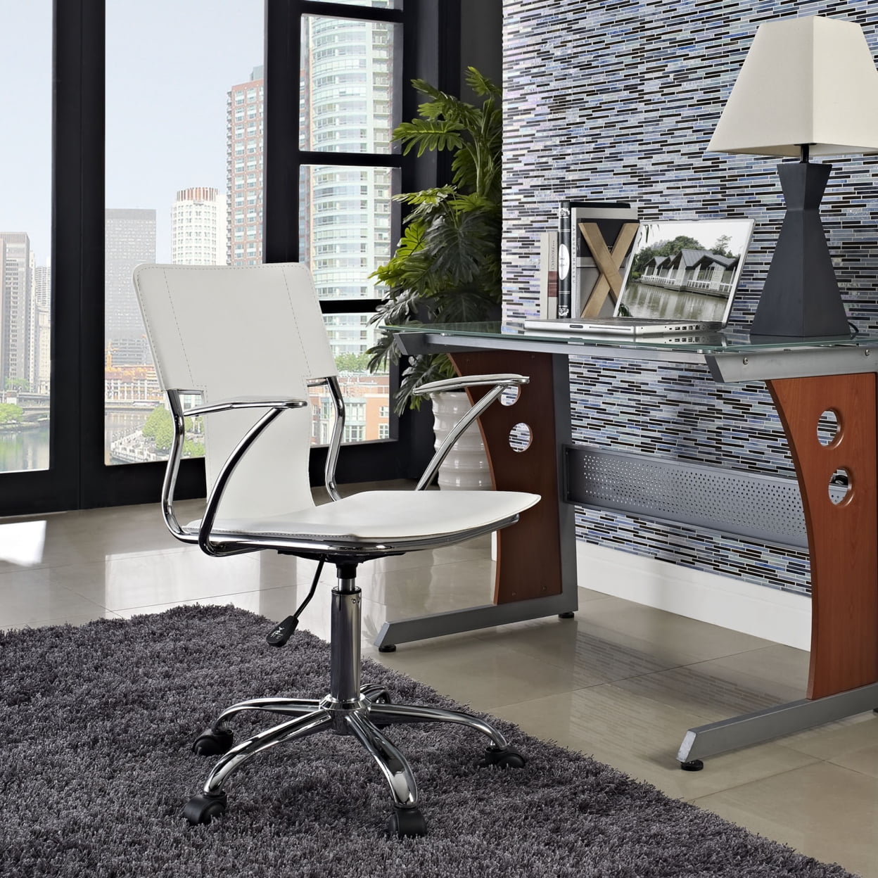 Modway Studio White Vinyl Steel Office Chair with Arms, Computer Desk ...