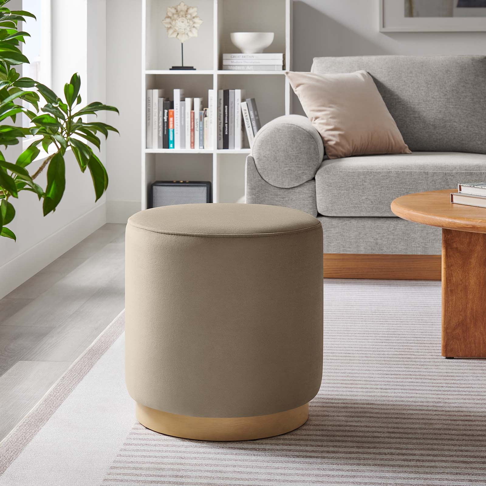 Modway Tilden 16 Round Performance Velvet Upholstered Ottoman Taupe Natural