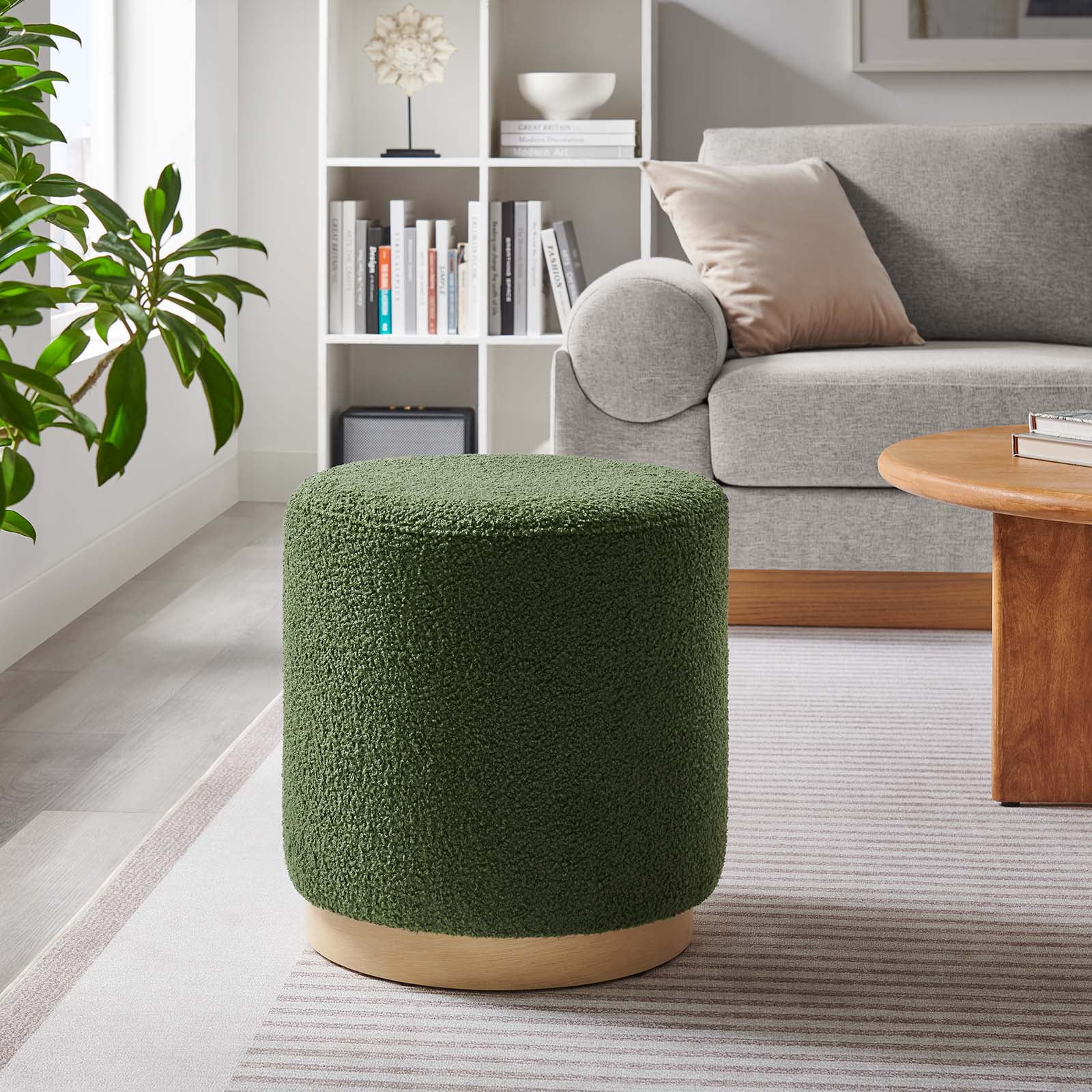 Modway Tilden 16" Round Sherpa Upholstered Ottoman in Moss Green ...