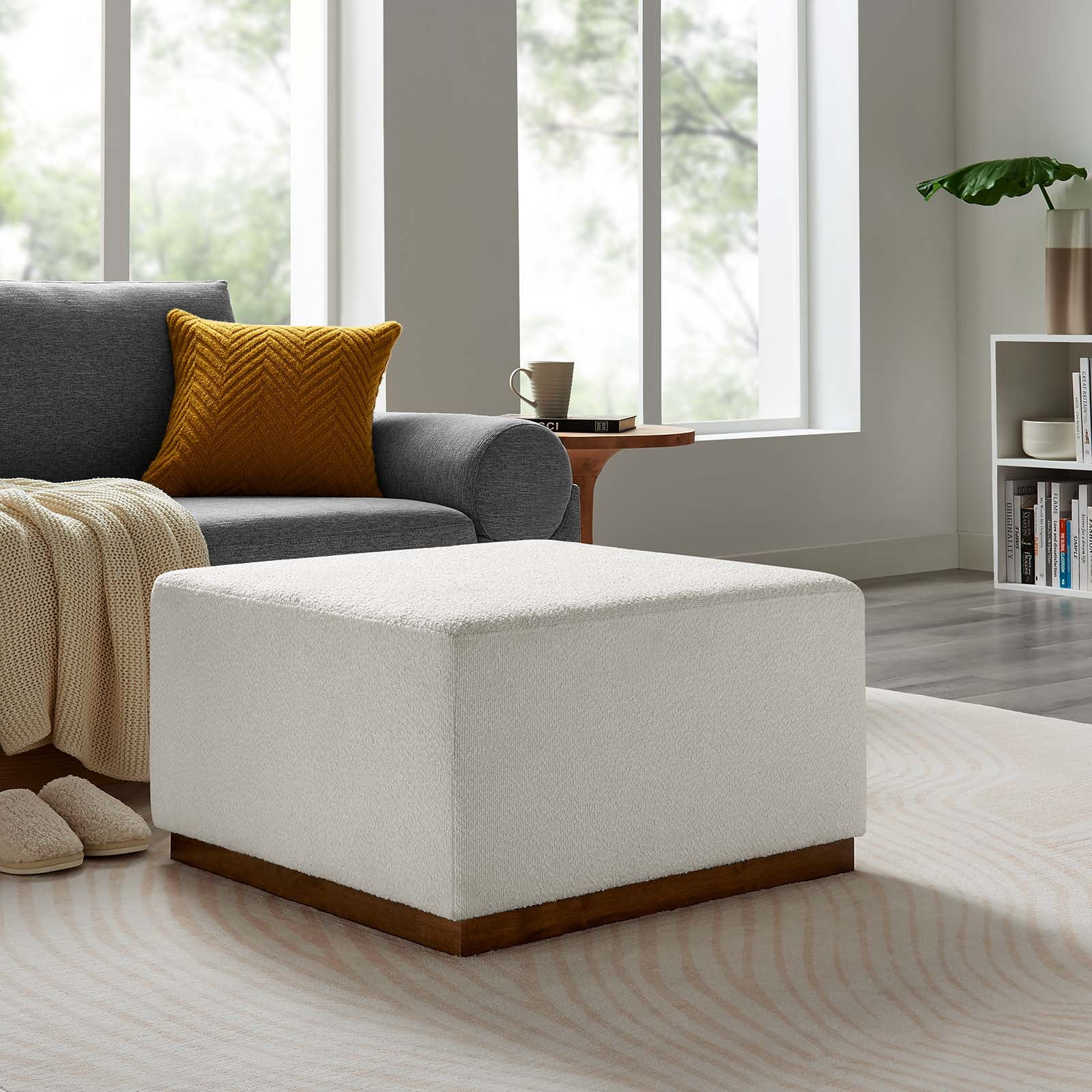 Tilden Large 28" Square Boucle Upholstered Ottoman in Cloud Walnut ...
