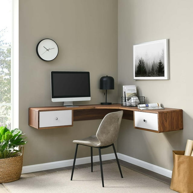 Modway Transmit 55" Wall Mount Corner Wood Office Desk in Walnut White ...