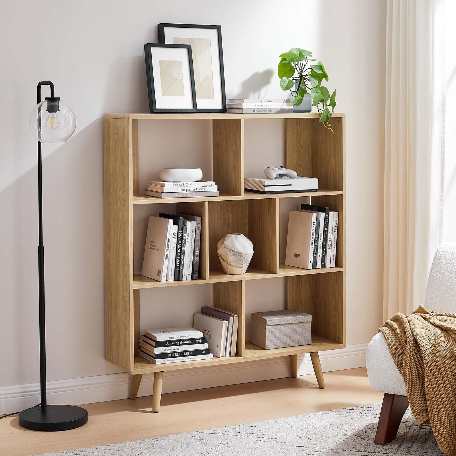 Modway Transmit 7-Shelf Wood Bookcase with Splayed Dowel Legs in Oak ...