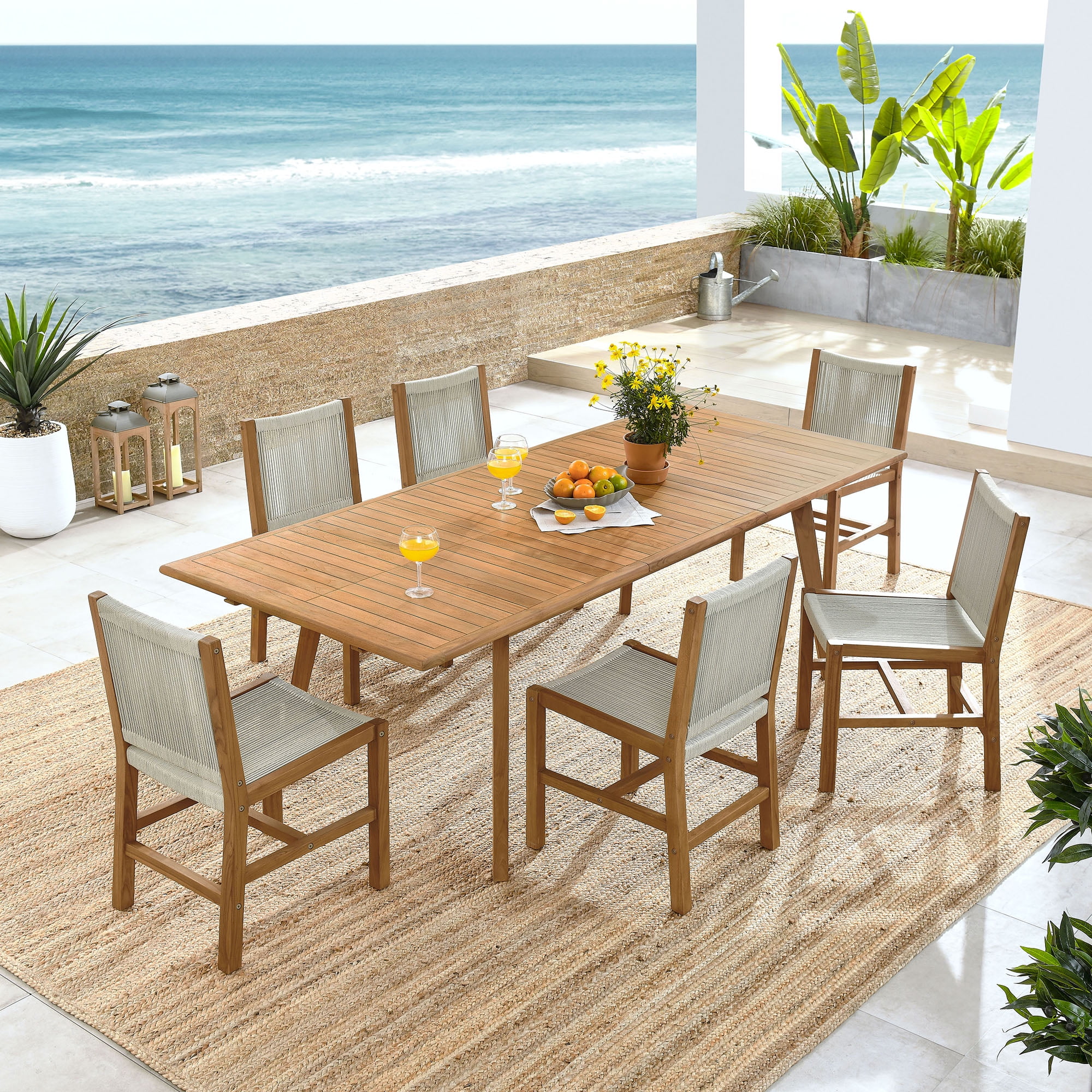 Modway Vienna 7-Piece Outdoor Patio Teak and Rope Dining Set with ...