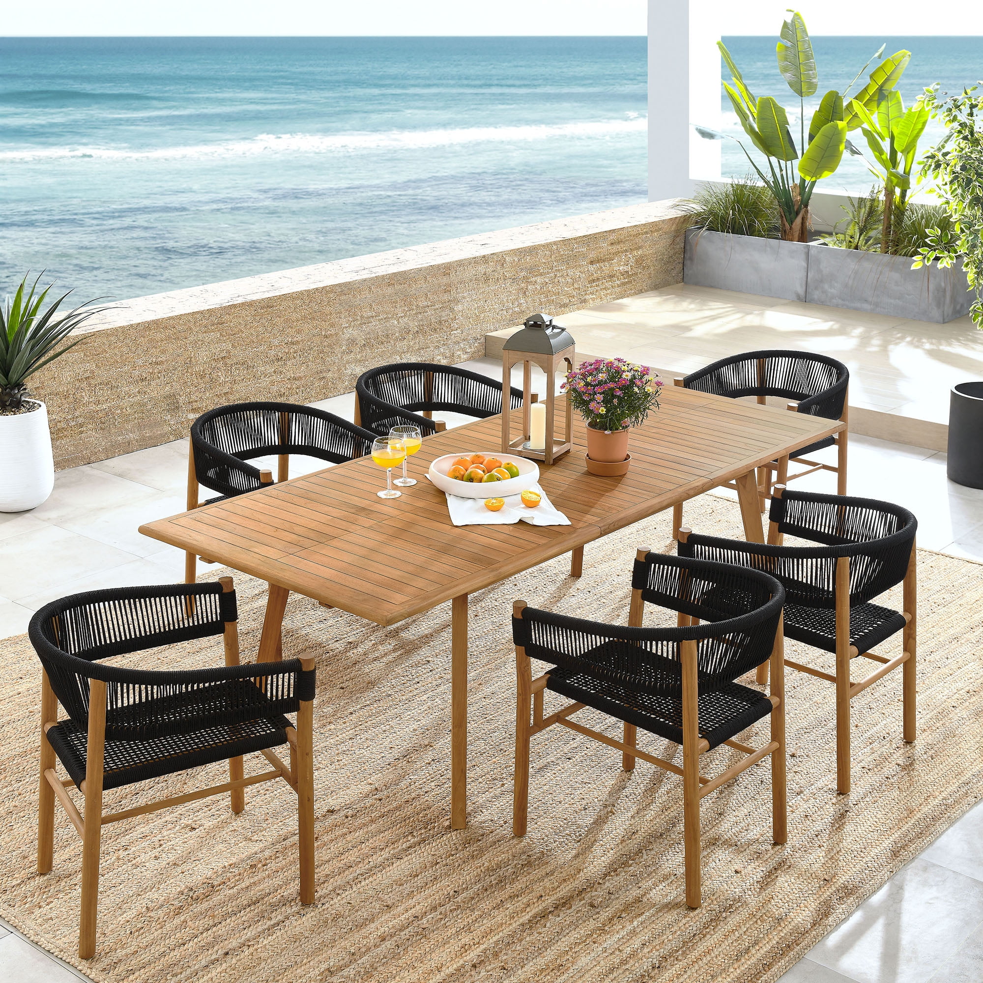 Vienna 7-Piece Dining Set with Curved-Back Armchairs in Natural Black ...