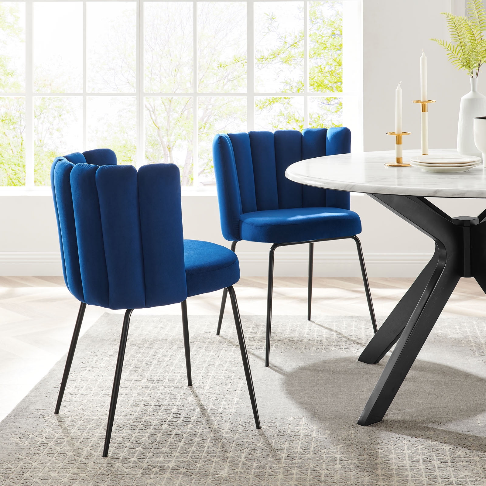 Modway Virtue Performance Velvet Dining Chair Set of 2 in Black Navy ...
