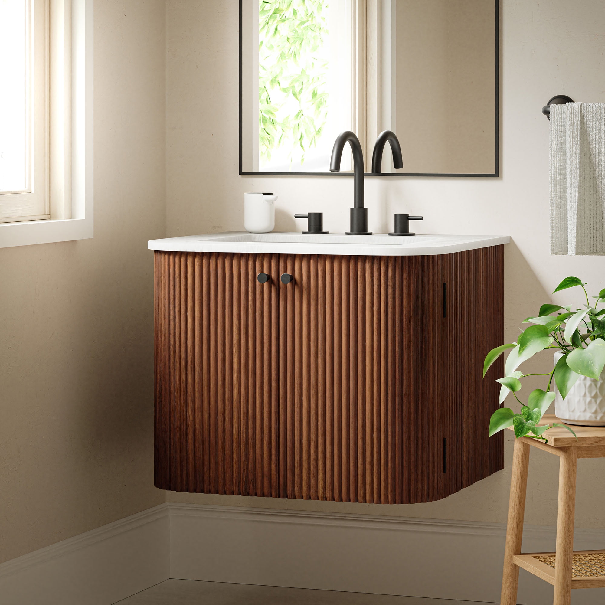 Modway Zia 24" Wall-Mount Bathroom Vanity with Marble Sink in Walnut ...