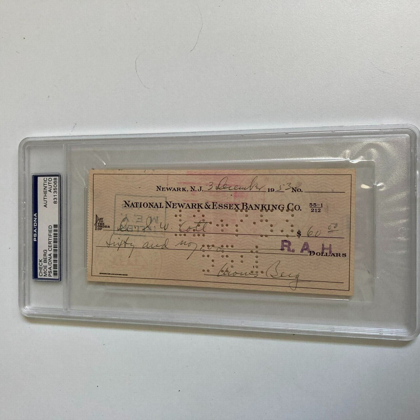 Moe Berg Signed 1953 Bank Check The Catcher Was a Spy PSA DNA - Walmart.com