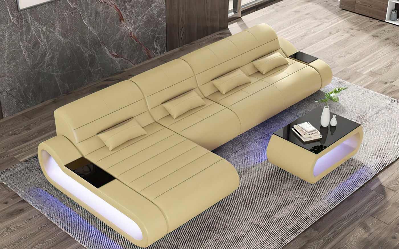 Mofit Home, Catina Small Leather Sectional with Pillows, Beige, USB ...
