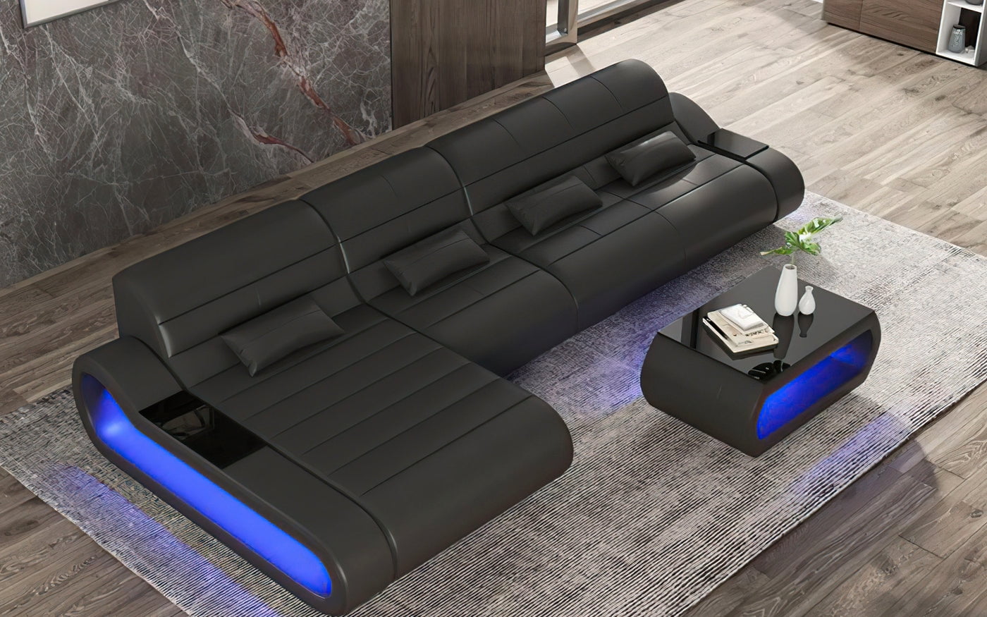Mofit Home, Catina Small Leather Sectional with Pillows, Black, USB ...