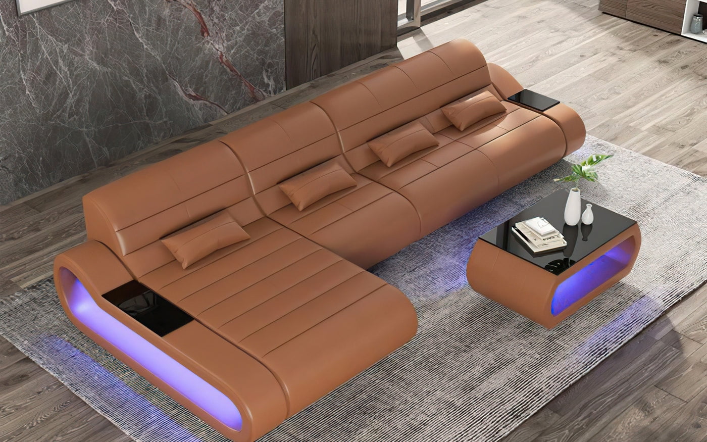 Mofit Home, Catina Small Leather Sectional with Pillows, Brown, USB ...