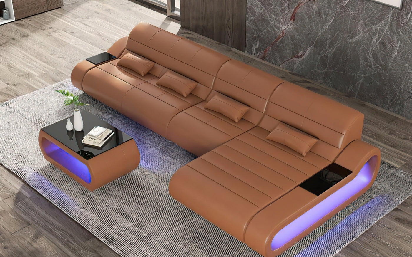 Mofit Home, Catina Small Leather Sectional with Pillows, Brown, USB ...