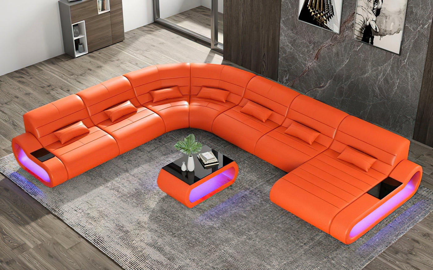 Mofit Home, Catina XL Leather Sectional with LED Light, Orange, Perfect ...