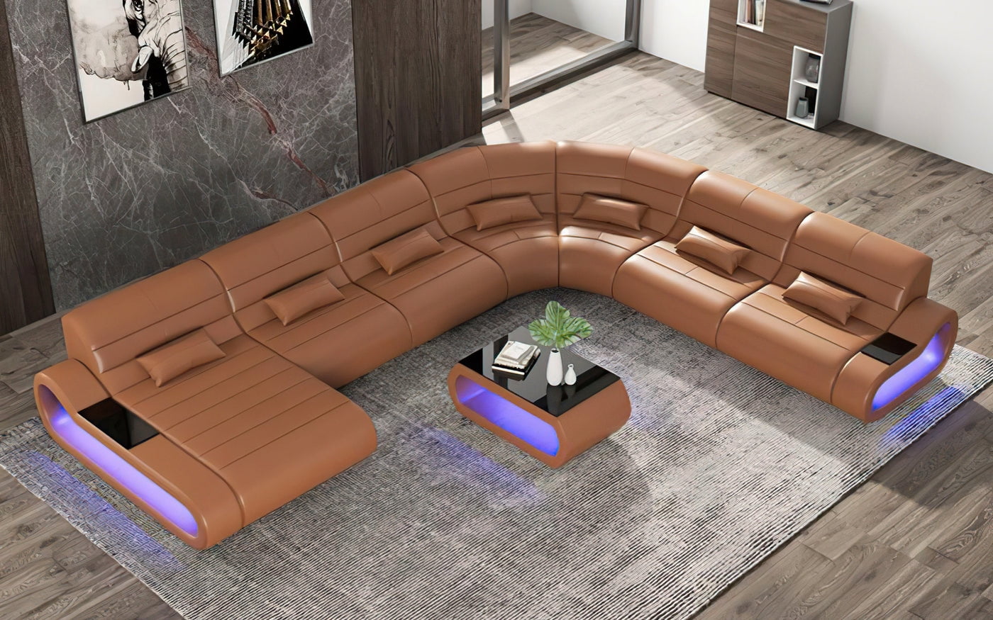 Mofit Home, Catina XL Leather Sectional with LED Light, Brown, Perfect ...