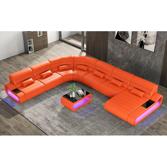 Mofit Home, Catina XL Leather Sectional with LED Light, Orange, Perfect ...