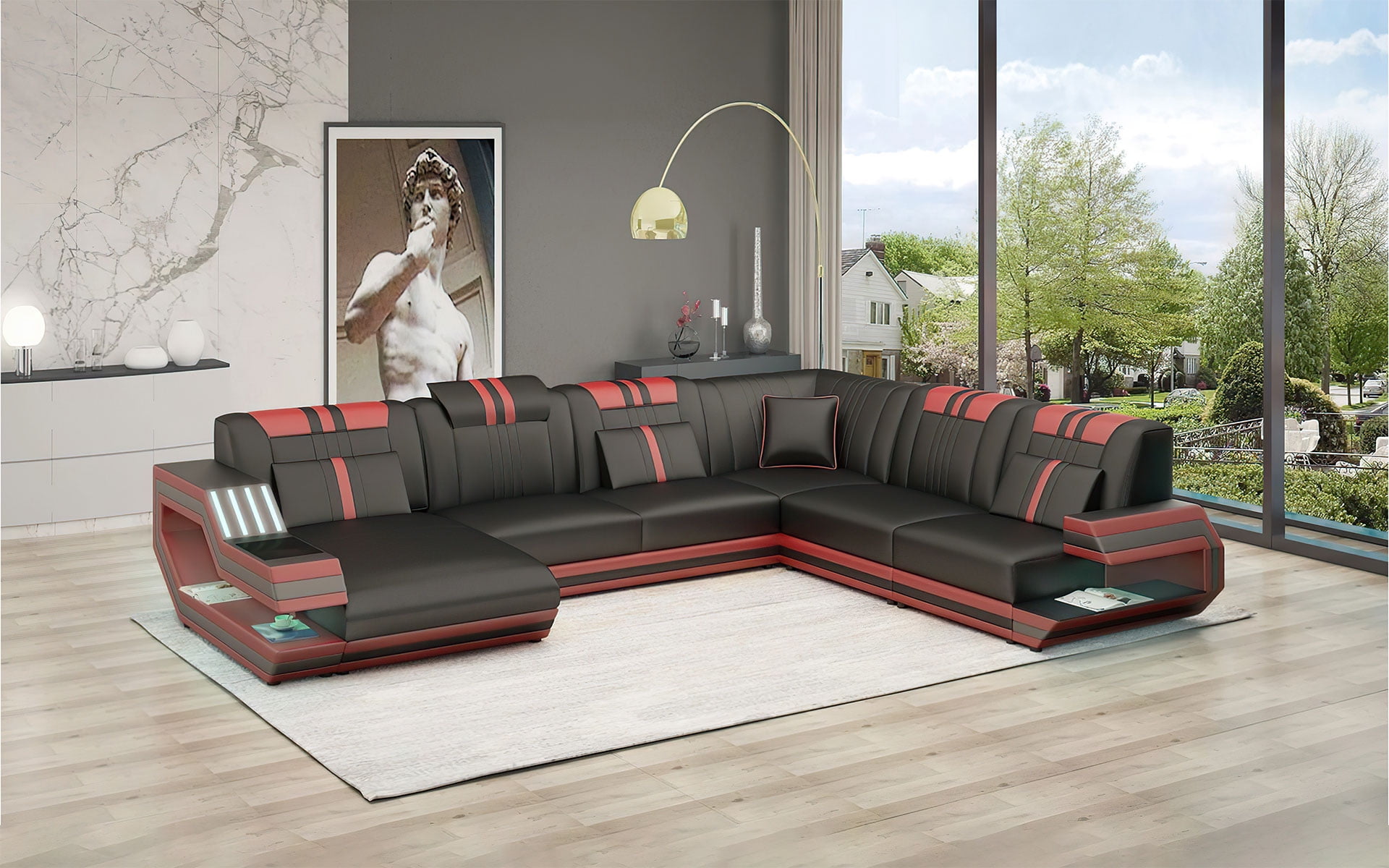Mofit Home,Celine Leather Sectional with LED Light, Black Red ...
