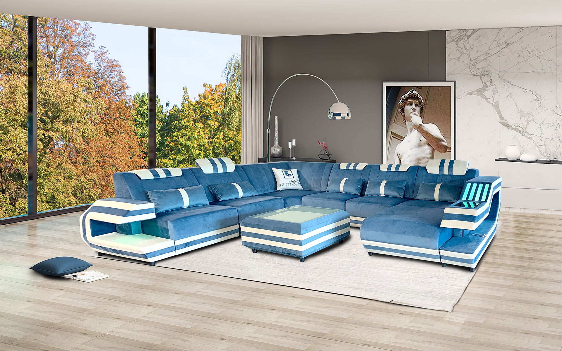 Mofit Home,Celine Leather Sectional with LED Light, Blue White ...
