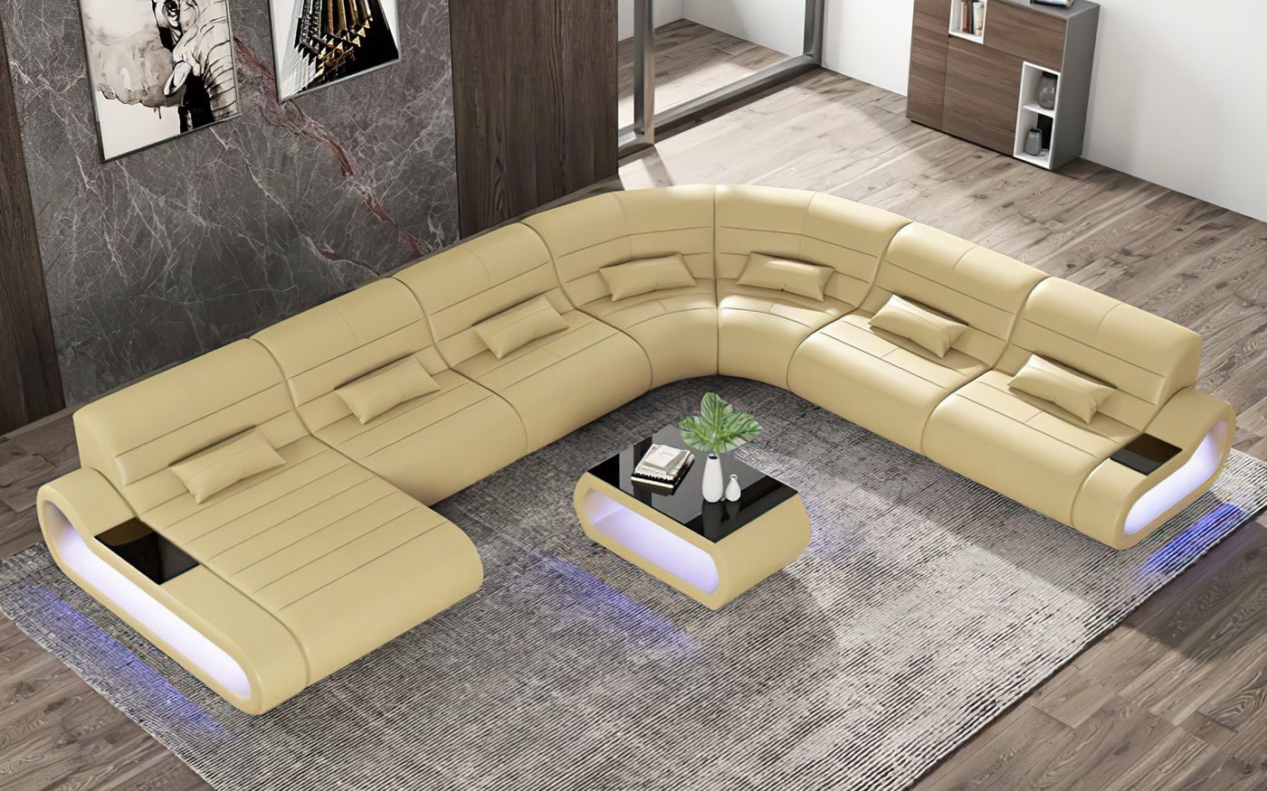 Mofit Home Leather Led Light Sectional Sofa with Pillows, Beige ...