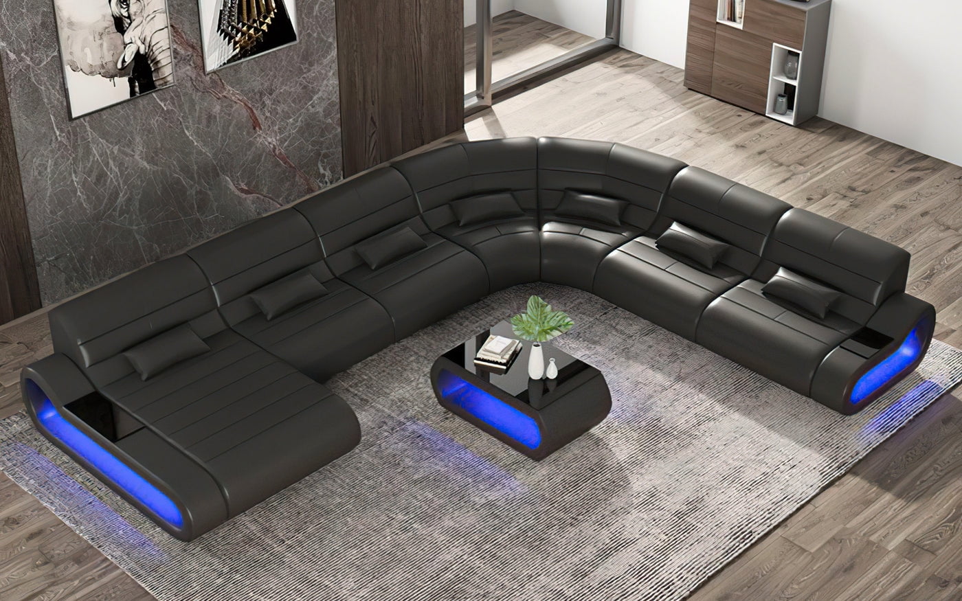 Mofit Home Catina XL Leather Sectional Sofa with LED Light, Black ...