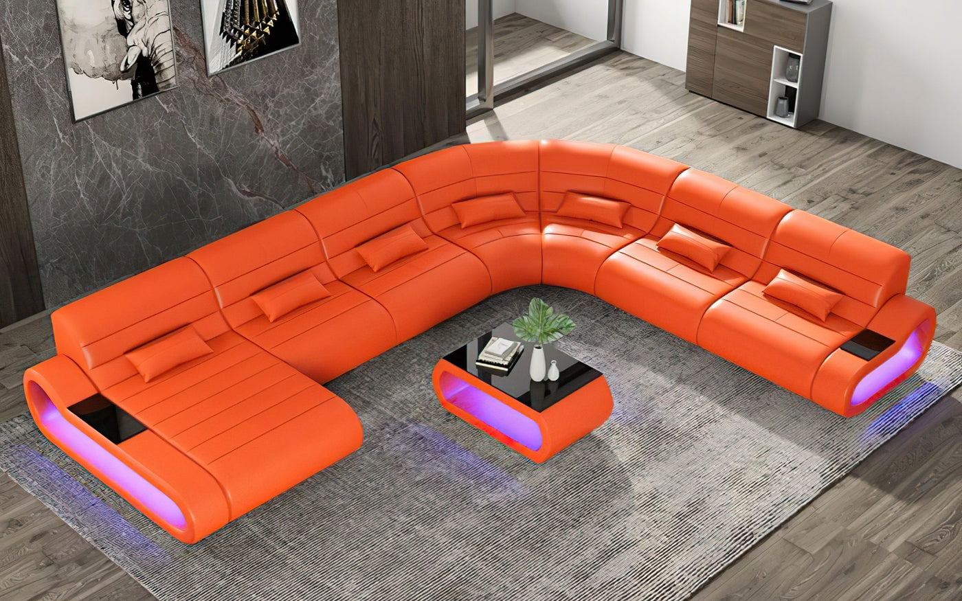 Mofit Home Leather Led Light Sectional Sofa with Pillows, Orange ...