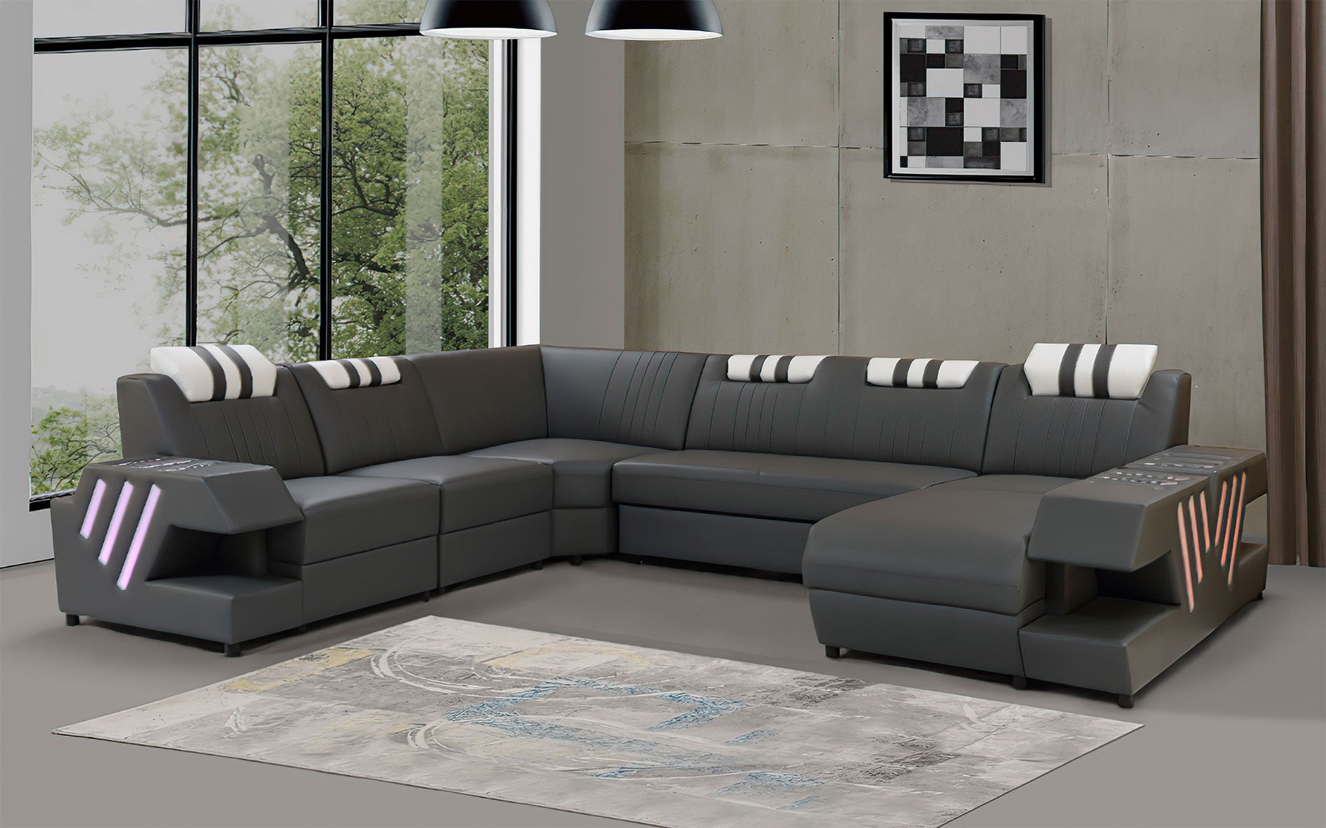 Mofit Home,Pluto Leather Sectional with Adjustable Headrest, Black White, LED Light, Storage ...
