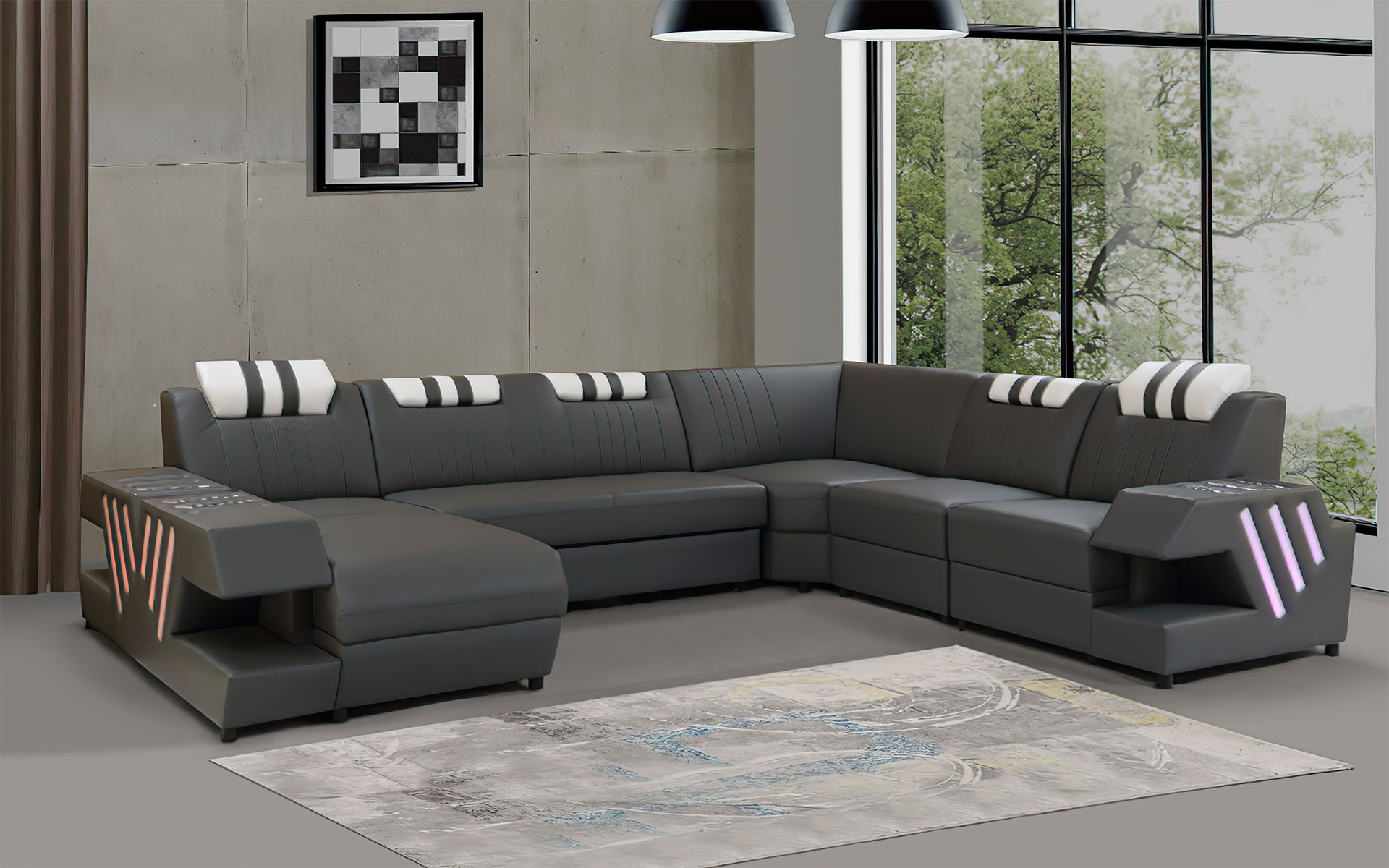Mofit Home,Pluto Leather Sectional with Adjustable Headrest, LED Light ...