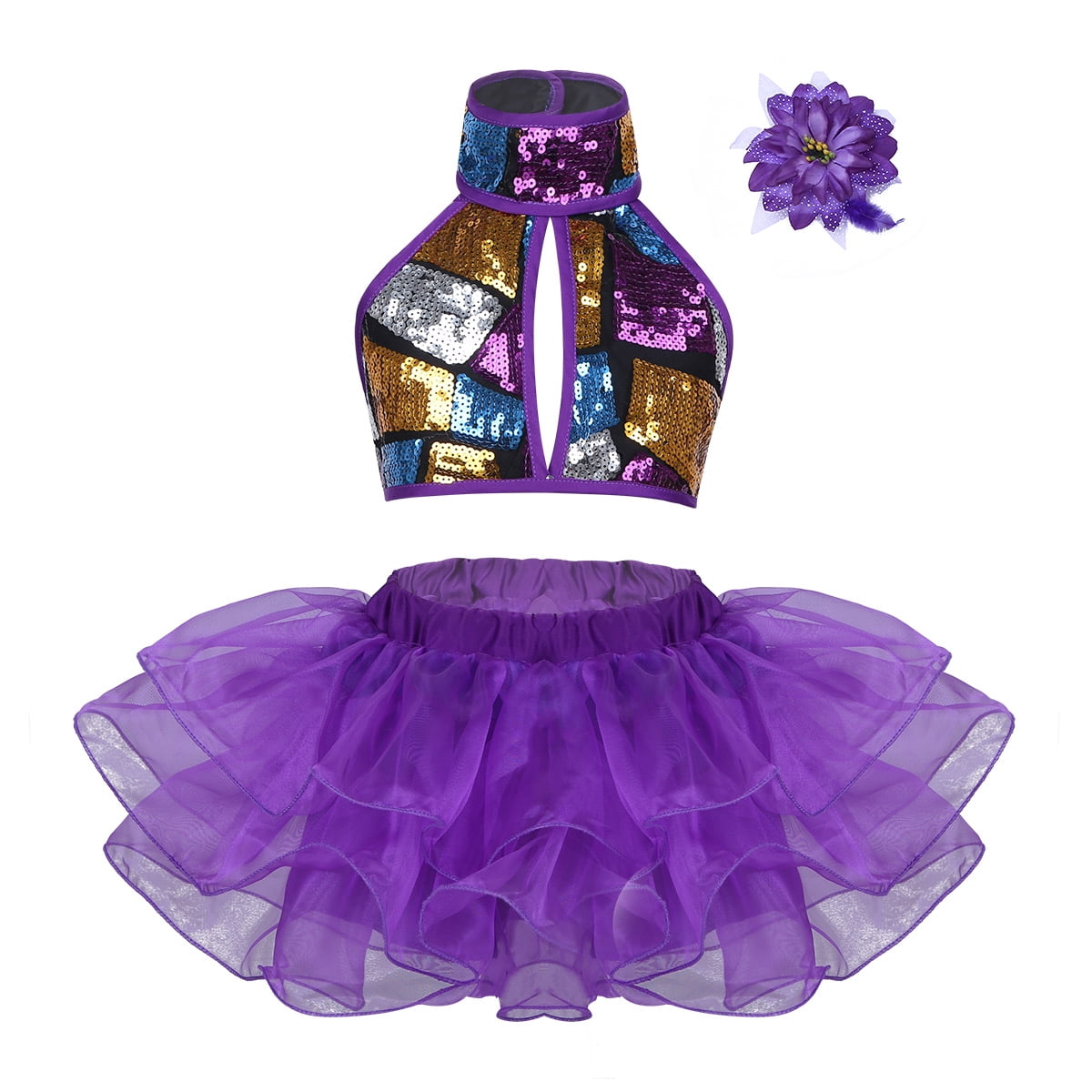 Moggemol Kid Girls Halter Sequins Ballet Dance Top with Tutu Dress ...