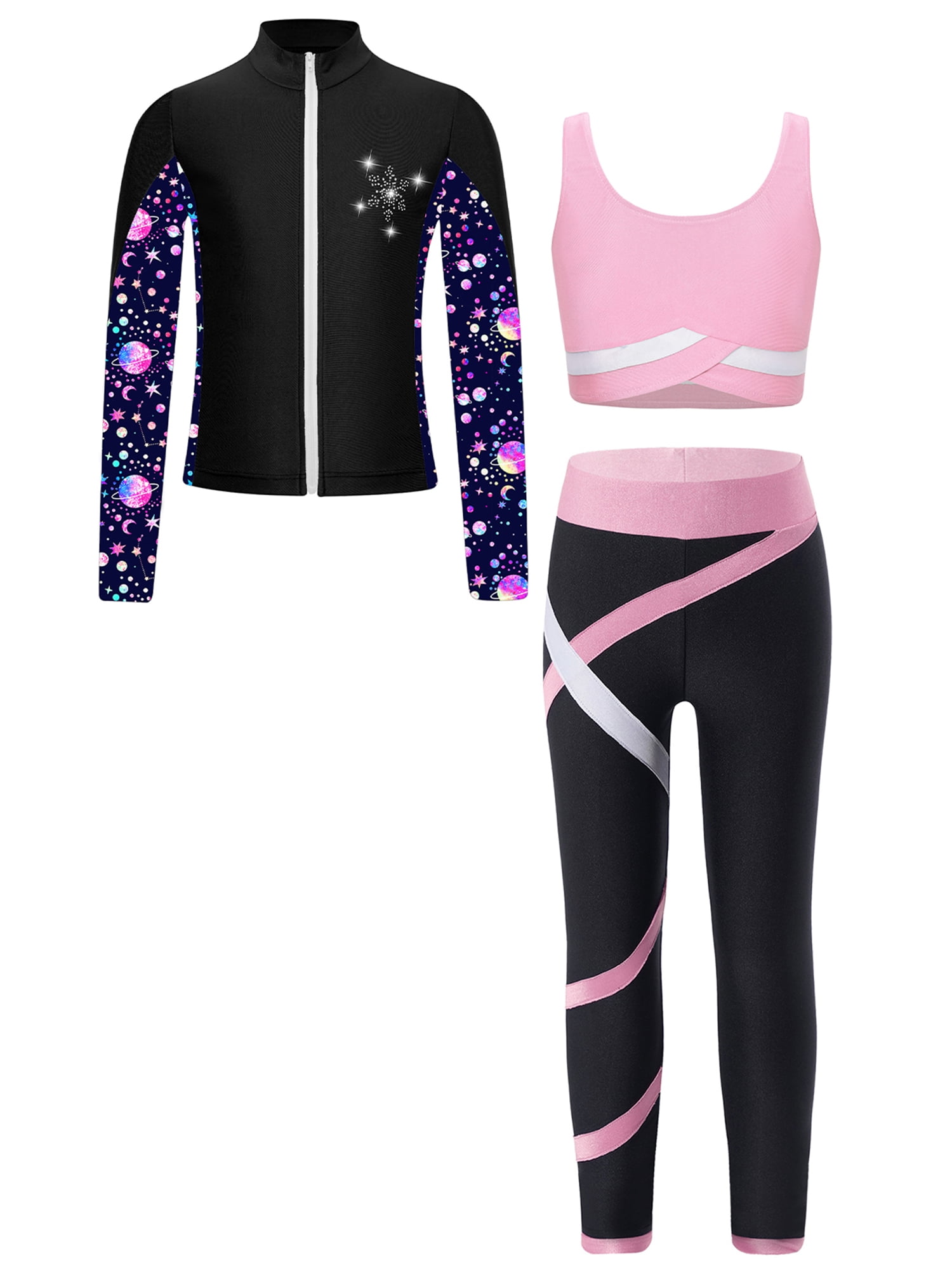 Moggemol Kids Girls 3 Pcs Skating Dance Outfit Jacket Crop Top with ...