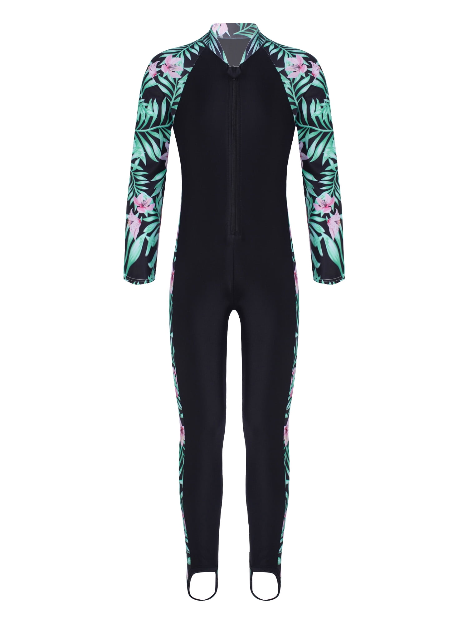 Moggemol Kids Girls One Piece Swimsuit Long Sleeve Zipper Floral ...