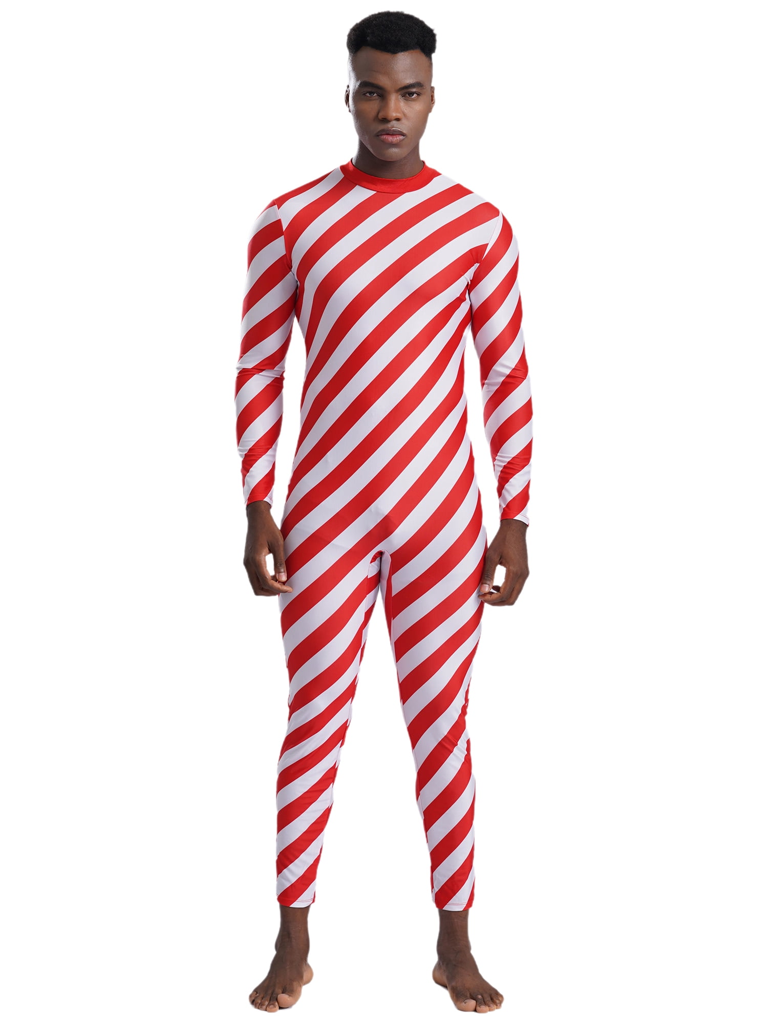 Moggemol Mens Christmas Candy Cane Long Sleeve Bodysuit Unitard ...