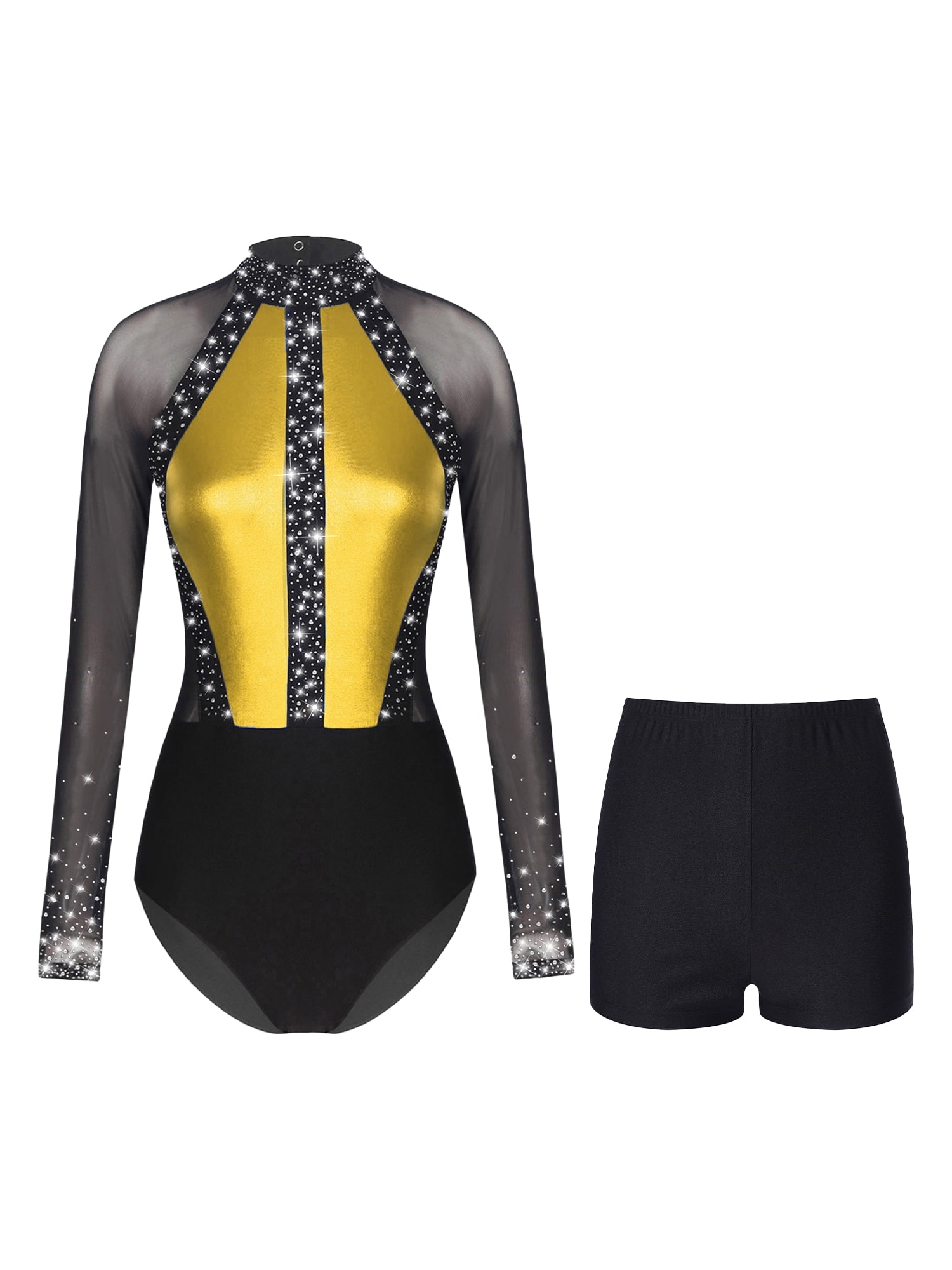 Moggemol Women Sheer Mesh Long Sleeve Bodysuit Sequined Mock Neck ...