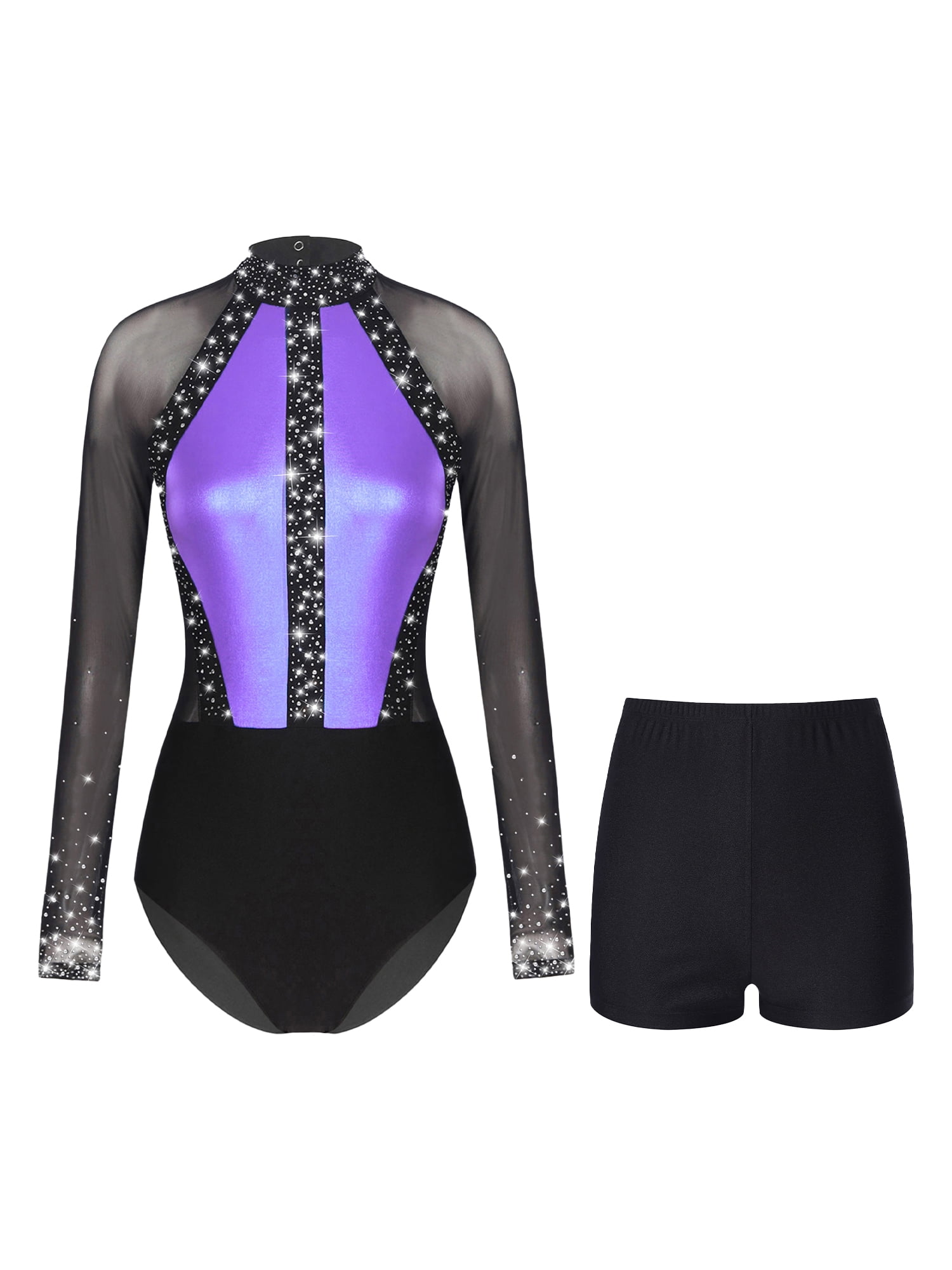 Moggemol Women Sheer Mesh Long Sleeve Bodysuit Sequined Mock Neck ...