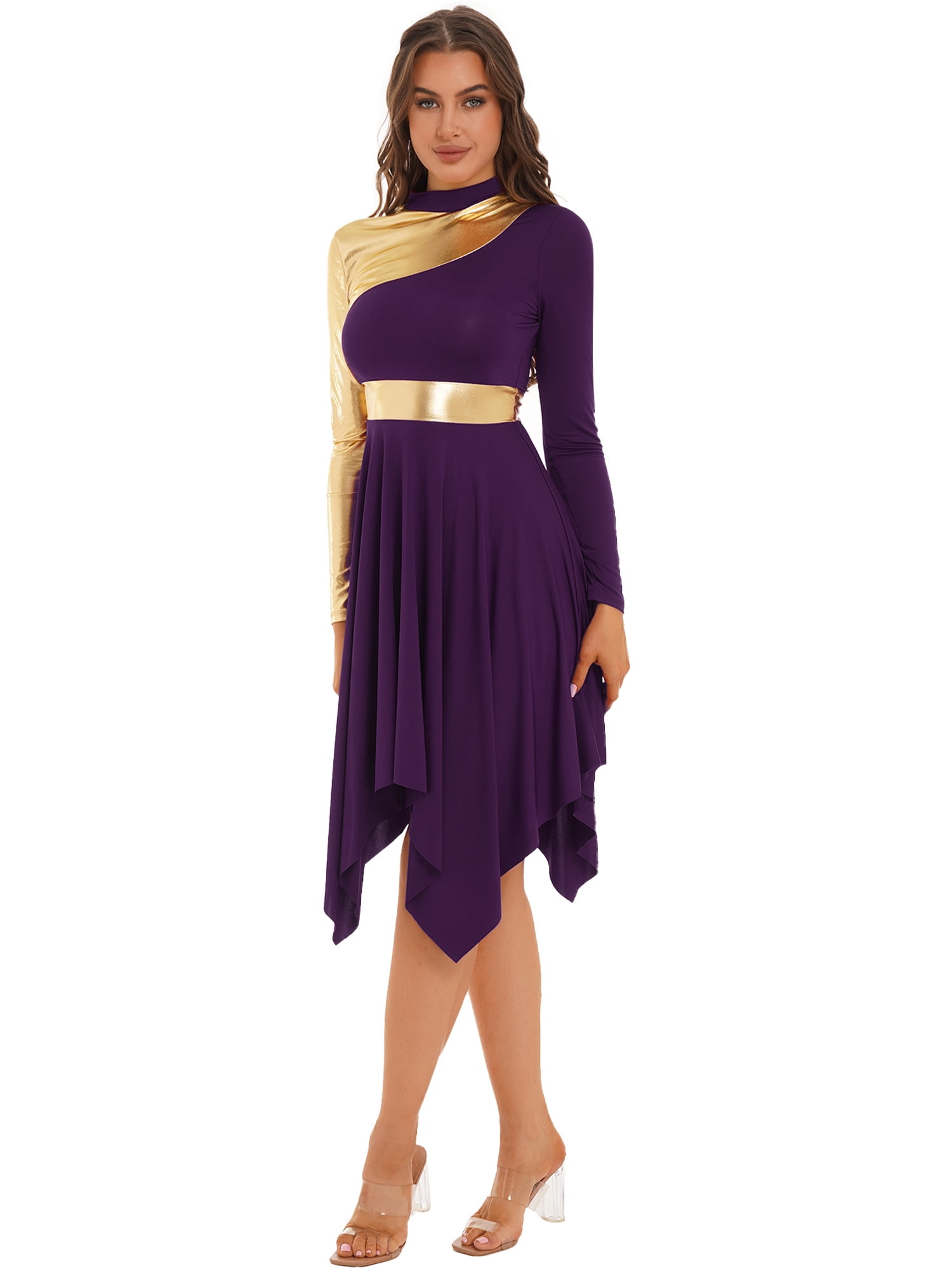 Moggemol Women's Metallic Color Block Praise Dance Dress Long Sleeve ...