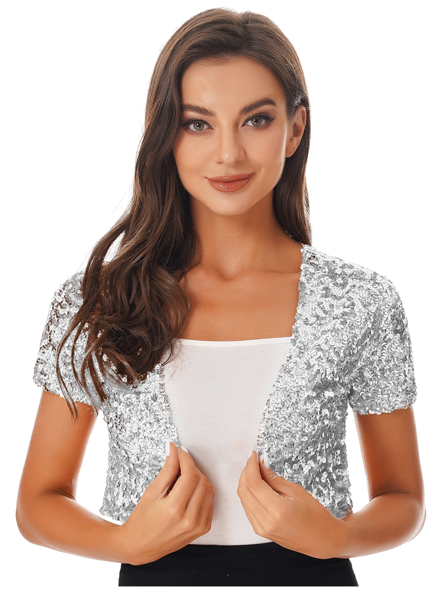 Moggemol Women's Shiny Sequin Open Front Bolero Shrug Cardigan Sparkly ...