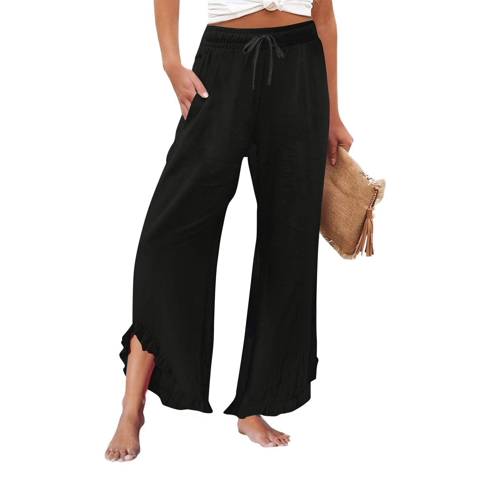 Mohiass 2025 Summer Ruffle Hem Flowy Pants Linen Wide Leg Palazzo Pants ...