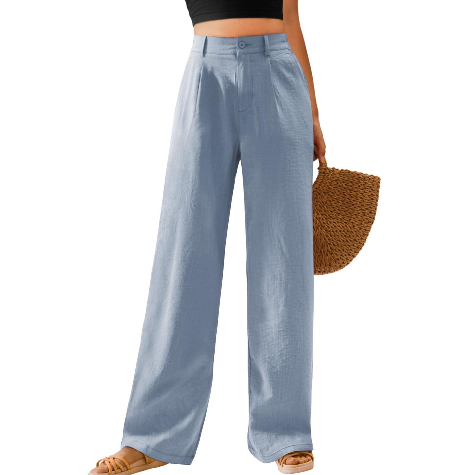 Mohiass Business Wide Leg Linen Pants for Women Casual High Waisted ...