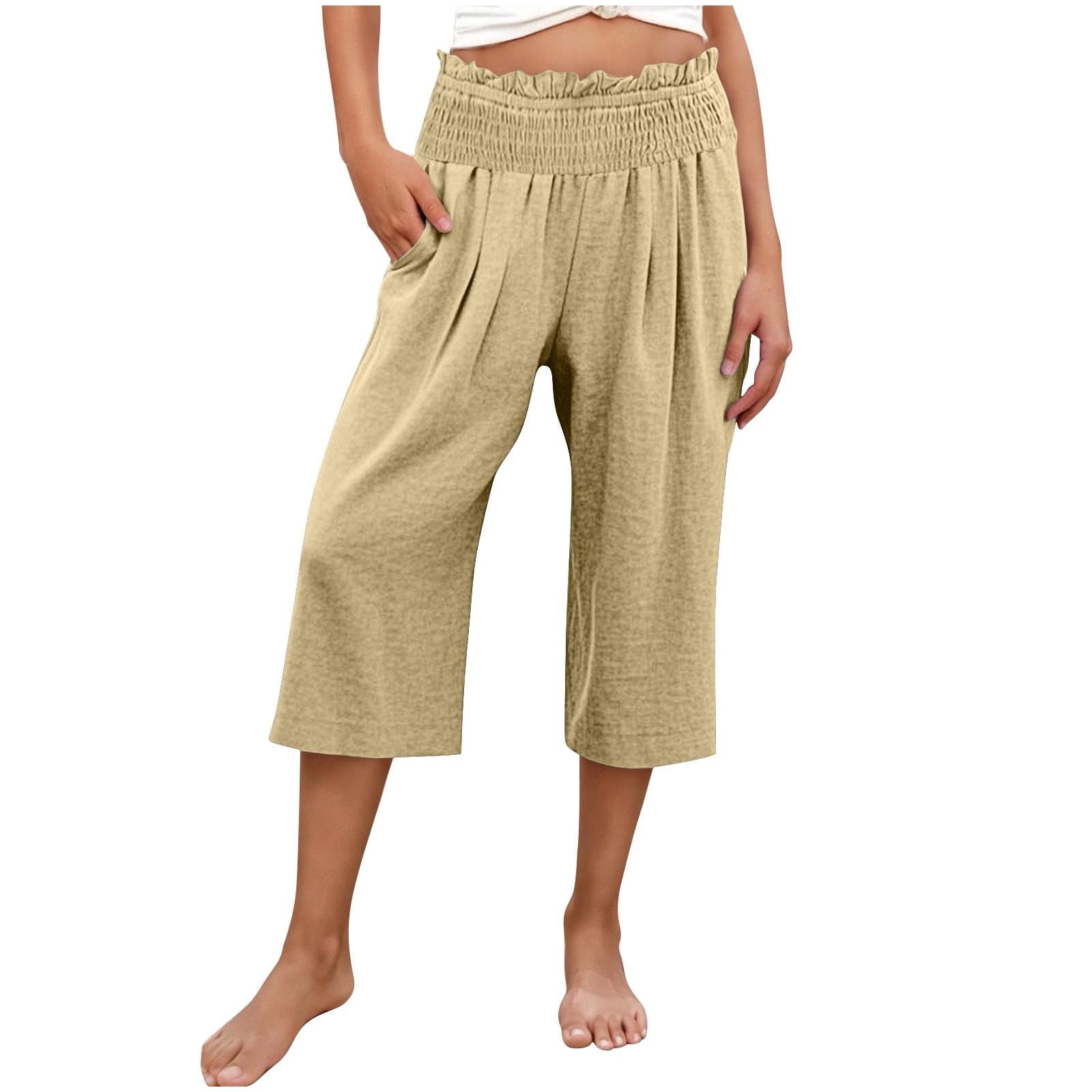 Mohiass Capri Pants for Women Plus Size Cotton Linen Ruffle Trim Womens ...