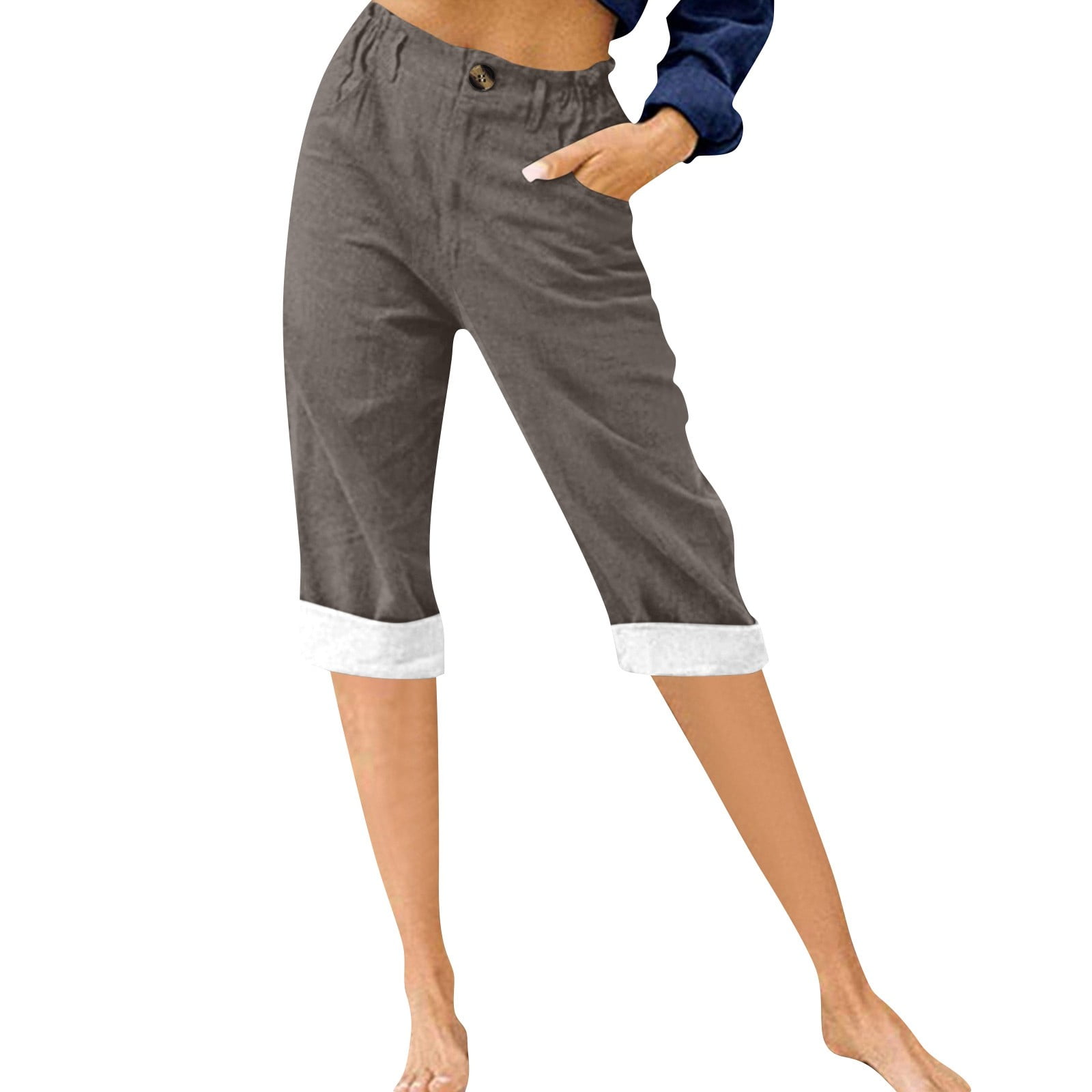 Mohiass Capri Pants for Women Summer Linen Cropped Pants Elastic Waist ...