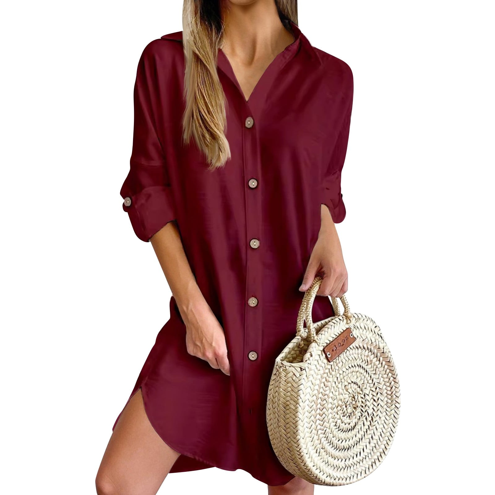 Mohiass Fall Shirt Dresses for Women 2024 Lapel Solid Color Button Down ...