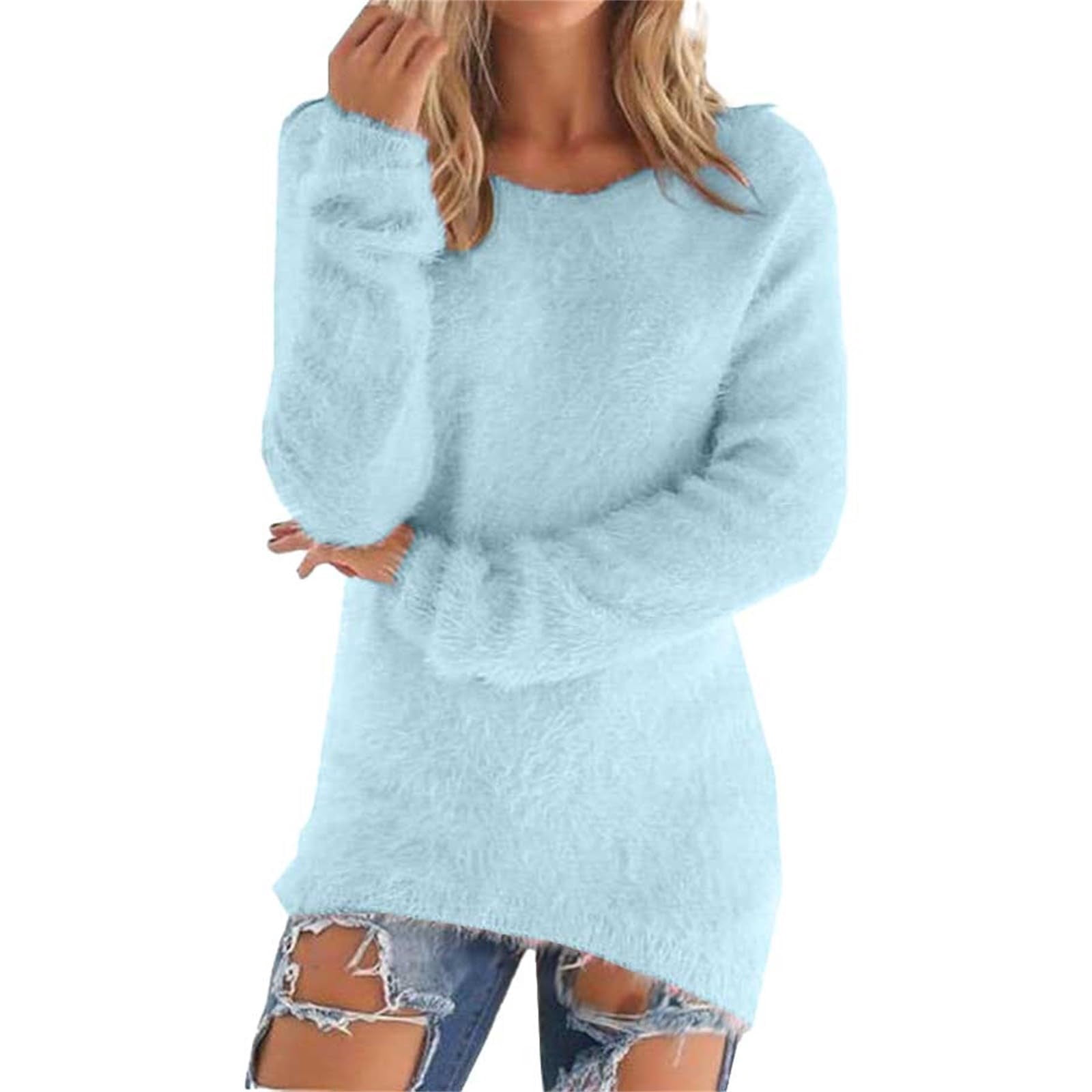 Mohiass Fluffy Fuzzy Sweater for Women Casual Crewneck Loose Long ...