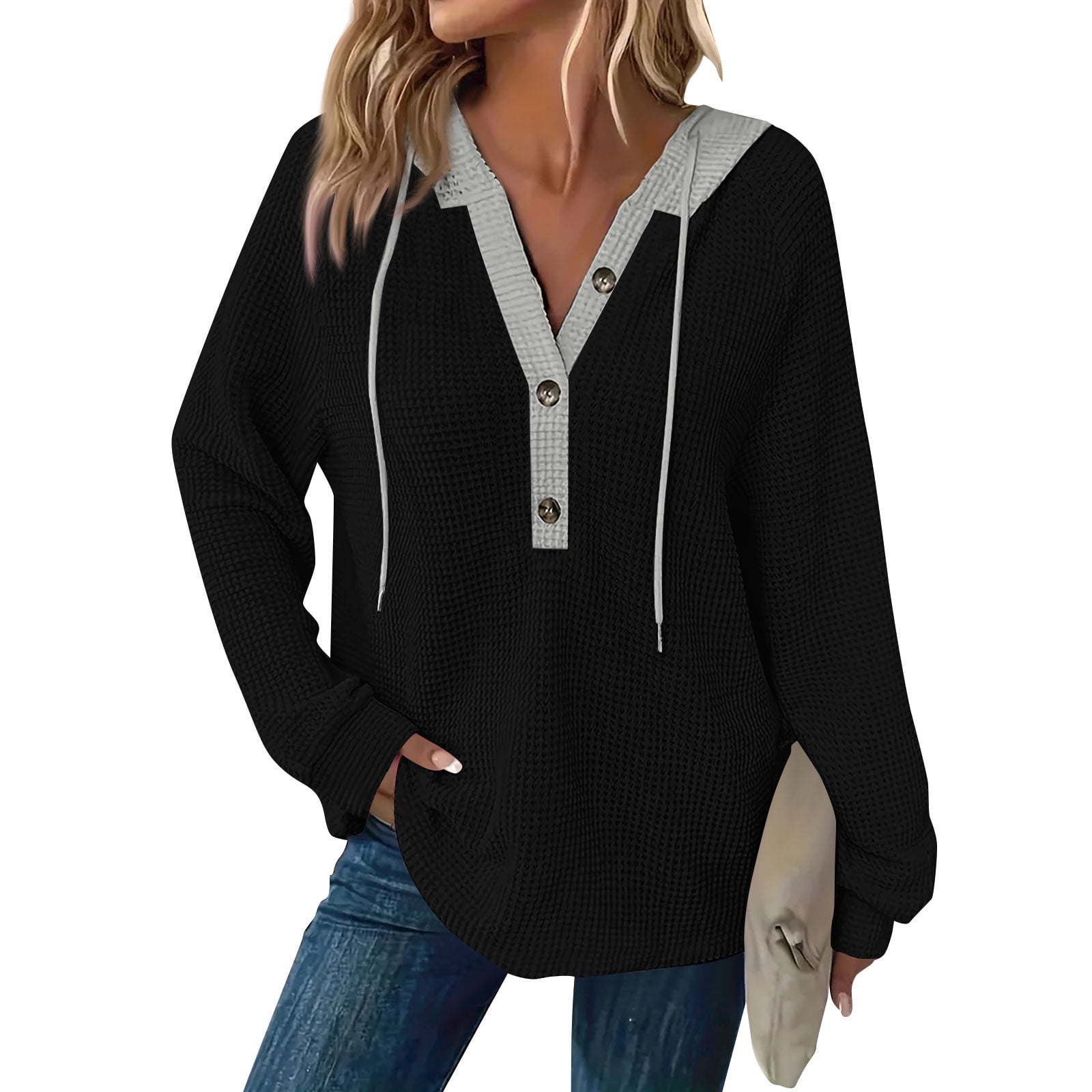 Mohiass Hoodies for Women Waffle Knit Drawstring Hooded Sweatshirt ...